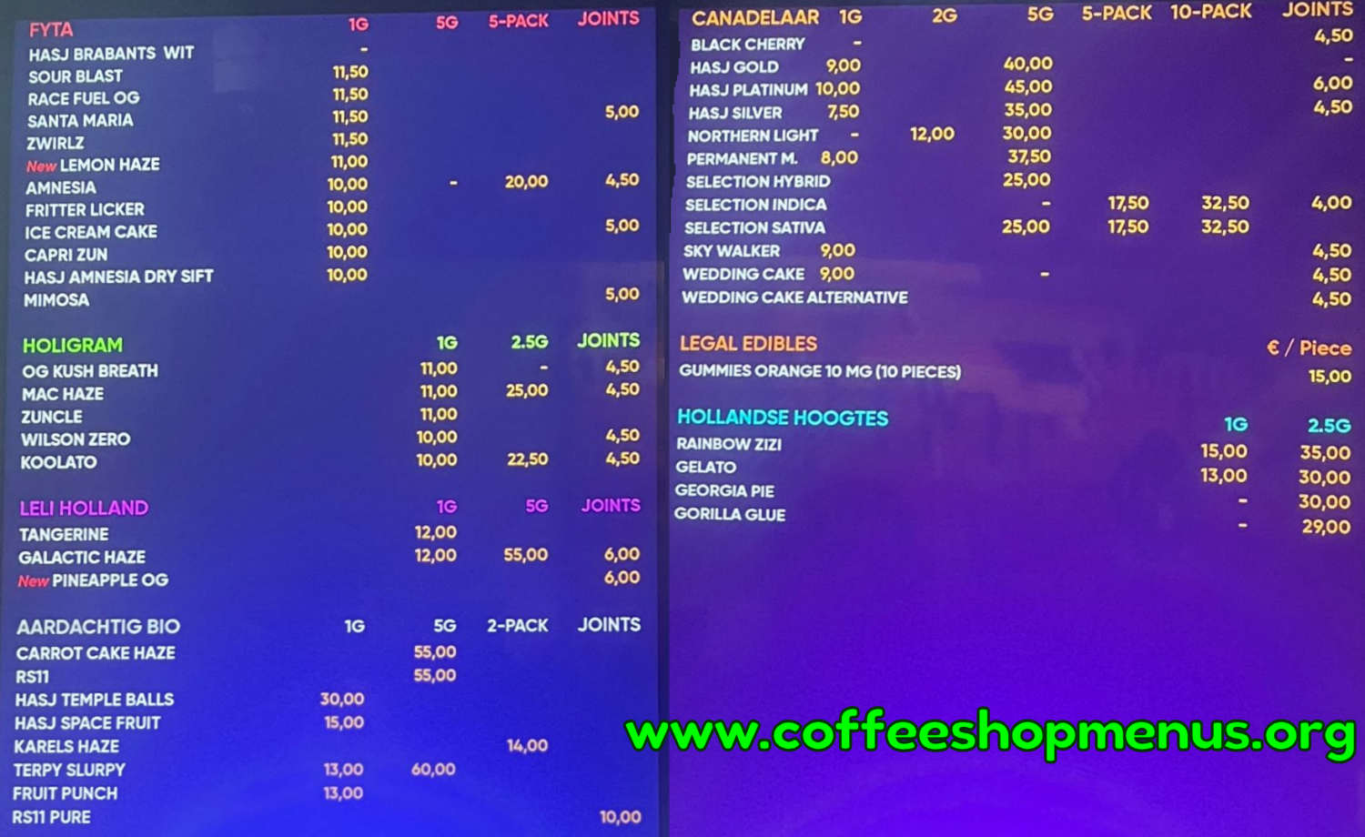 Sky, Breda (menu) - Amsterdam Coffeeshop Directory