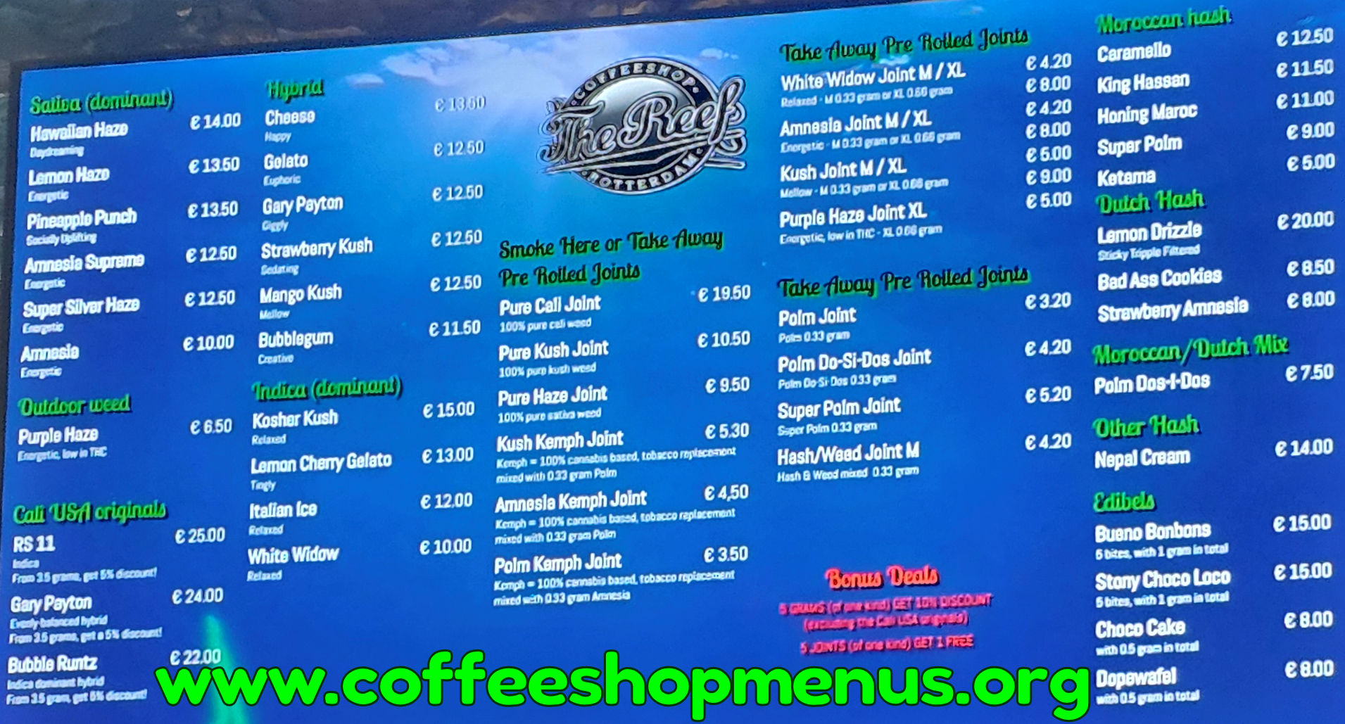 The Reef Menus archive - coffeeshopmenus.org