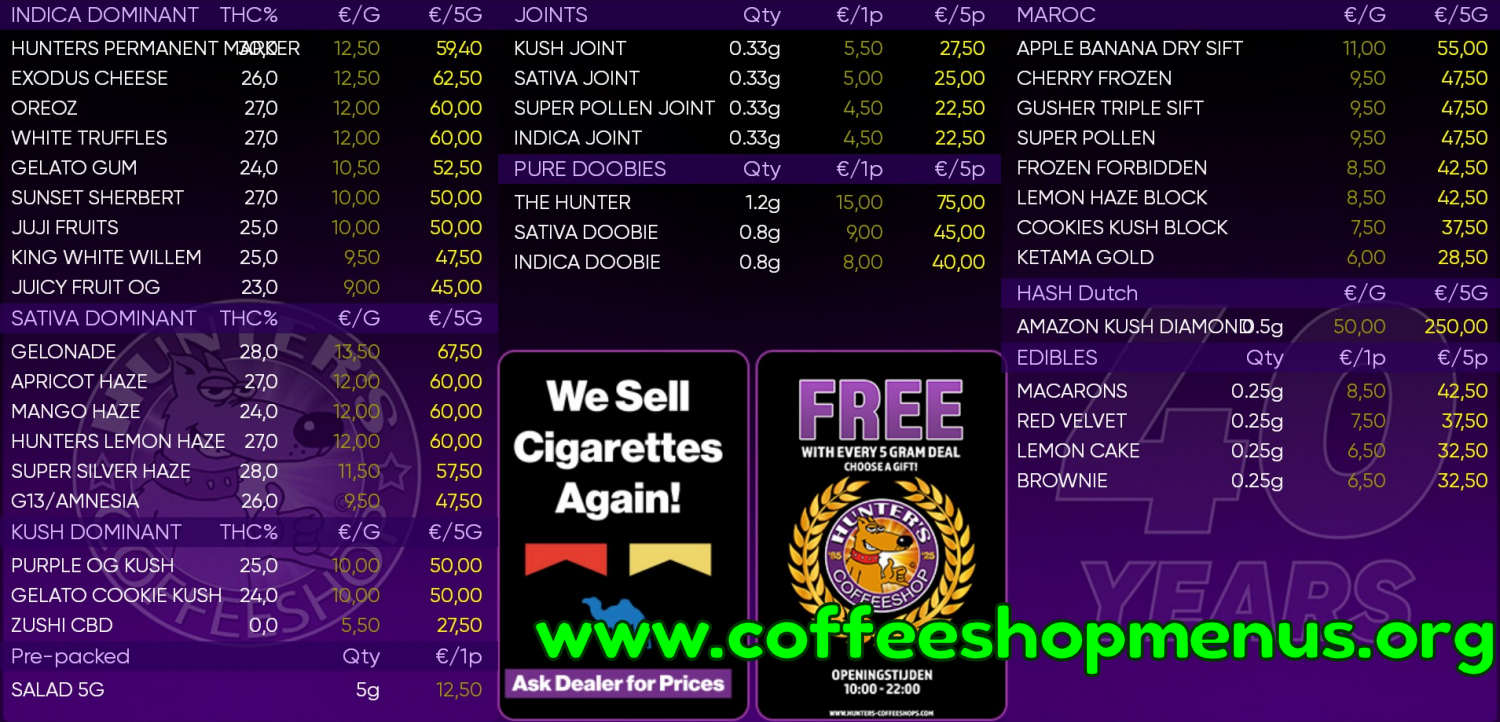 Hunter's Rotterdam Latest Menu - coffeeshopmenus.org