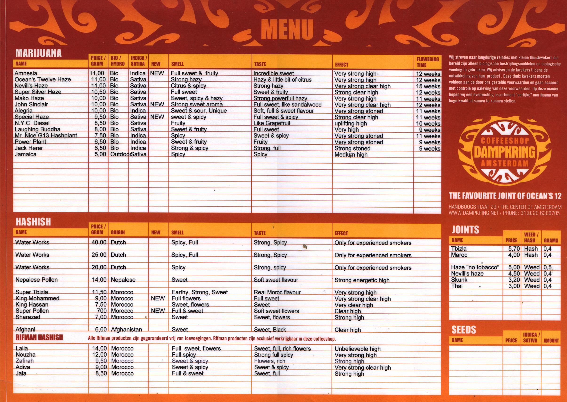 Dampkring Menus archive - coffeeshopmenus.org