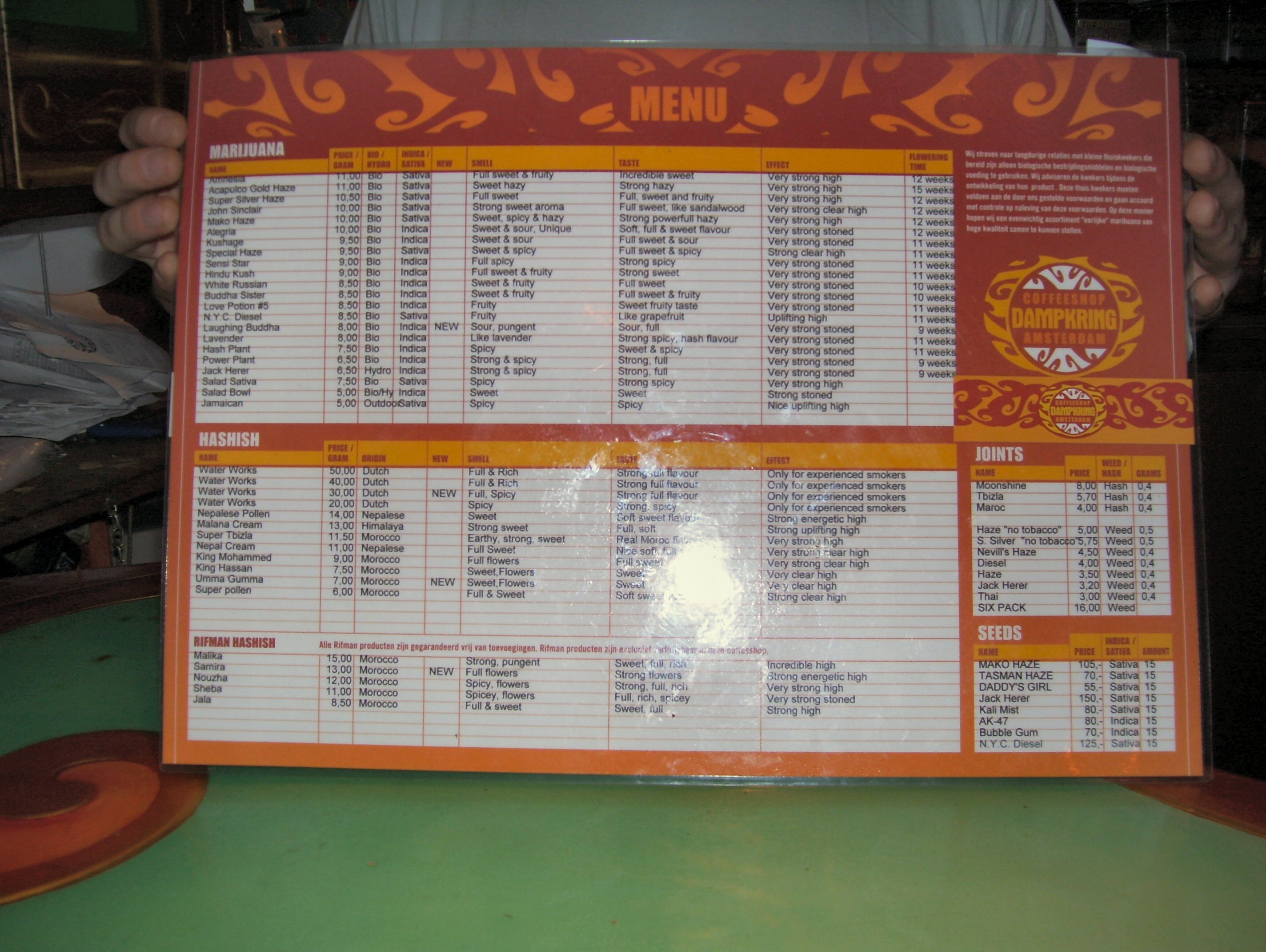 Dampkring Menus archive - coffeeshopmenus.org