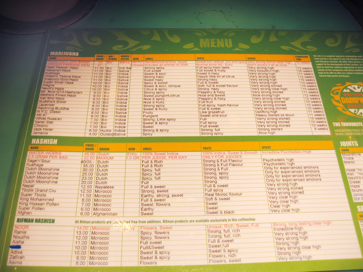 Dampkring Menus archive - coffeeshopmenus.org